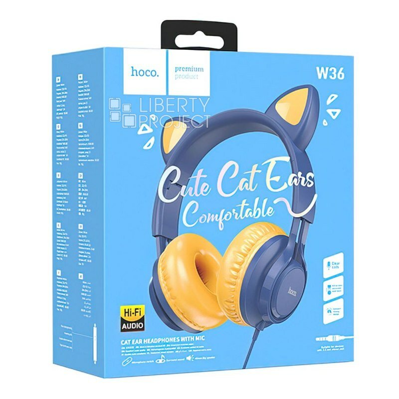 Детские наушники HOCO W36 Cat ear, с микрофоном, mini Jack 3.5 mm, 120 см, Синий+Коричневый