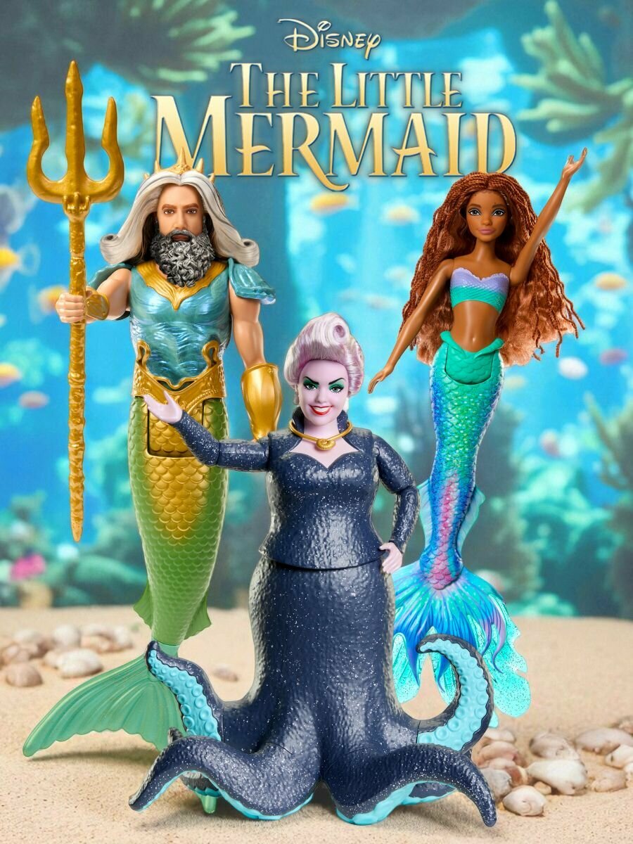 Набор Disney Princess HND28 3 куклы - русалочка из фильма Ариэль Урсула и Тритон Дисней Mattel