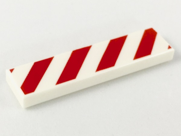 Tile 1 x 4 with Red and White Danger Stripes (Red Corners) Pattern, 2431p02 White N