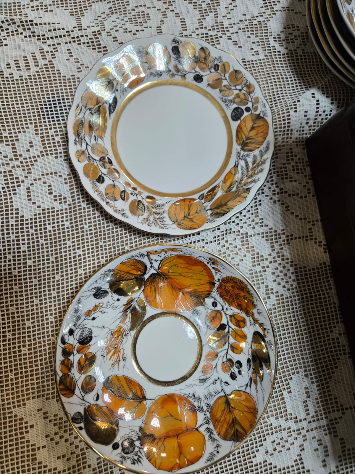 Набор тарелок Золотая осень блюдце + пирожковая винтажный советский, фарфор, ЛФЗ СССР
