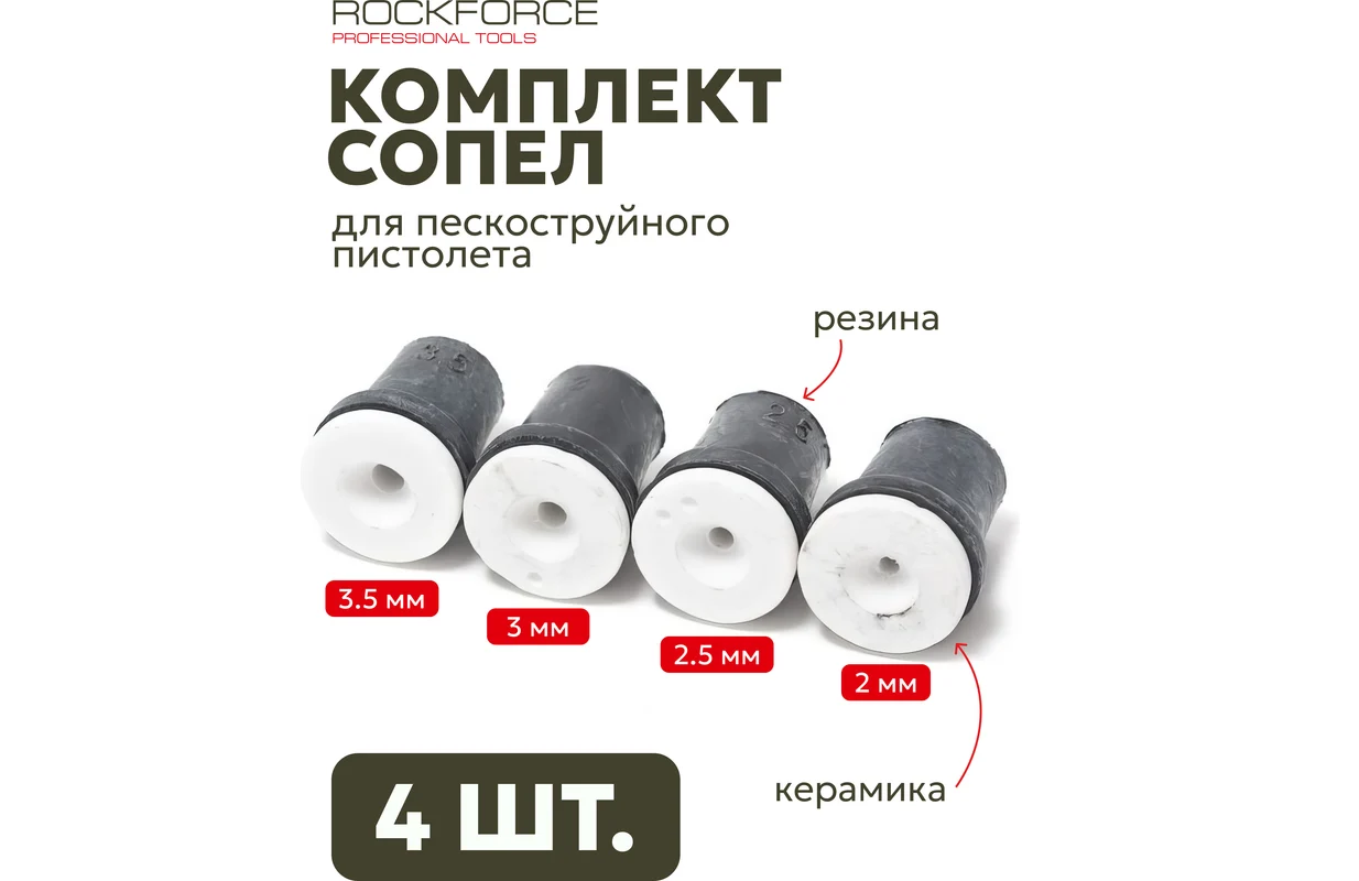 Cопла для пескоструйного пистолета ROCKFORCE, набор, 2 мм, 2.5 мм, 3 мм, 3.5 мм