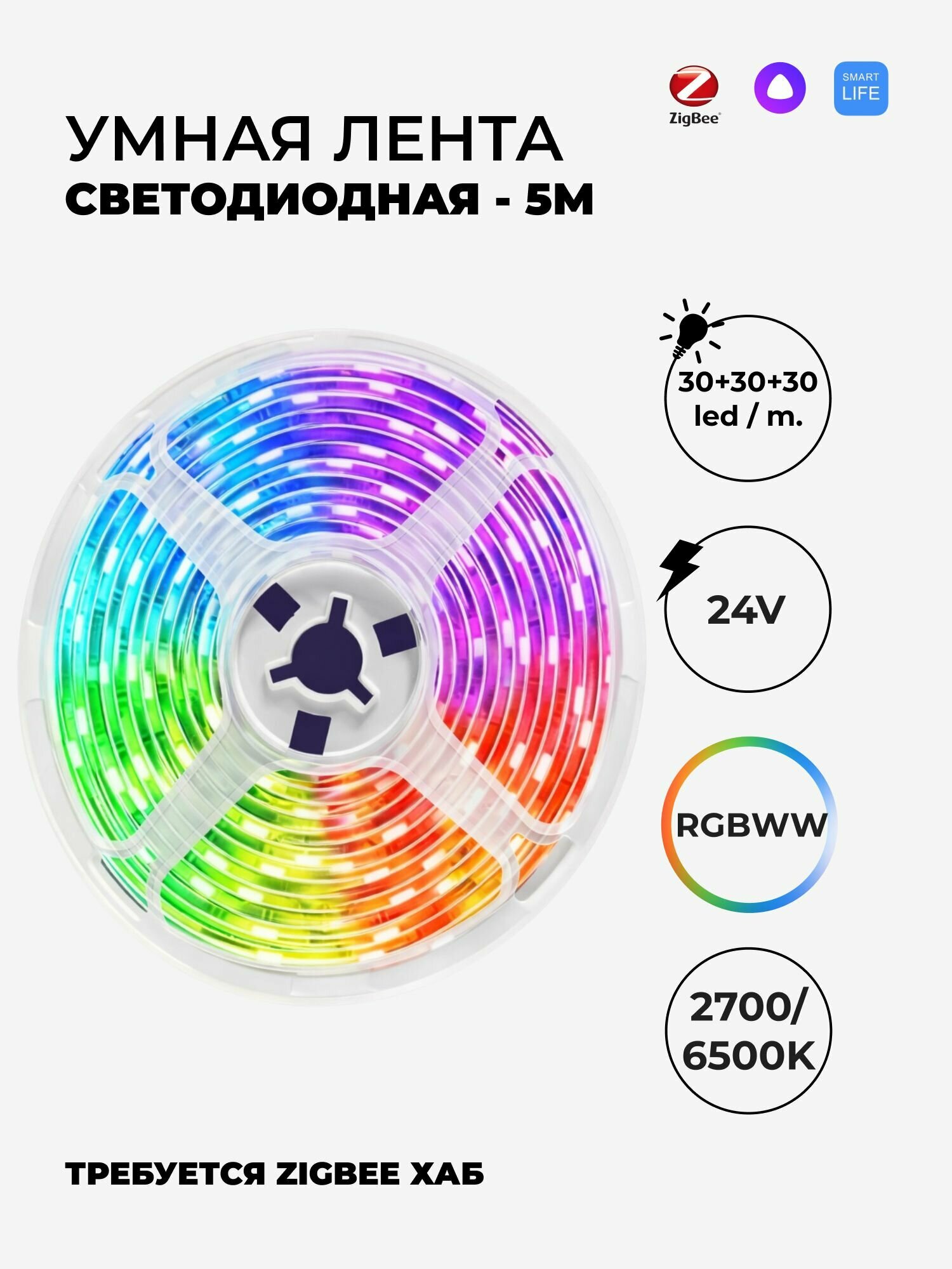 Умная лента LED, Zigbee, RGBWW, 24 В, 5 м, гибкая, IP20, управление через мобильное приложение