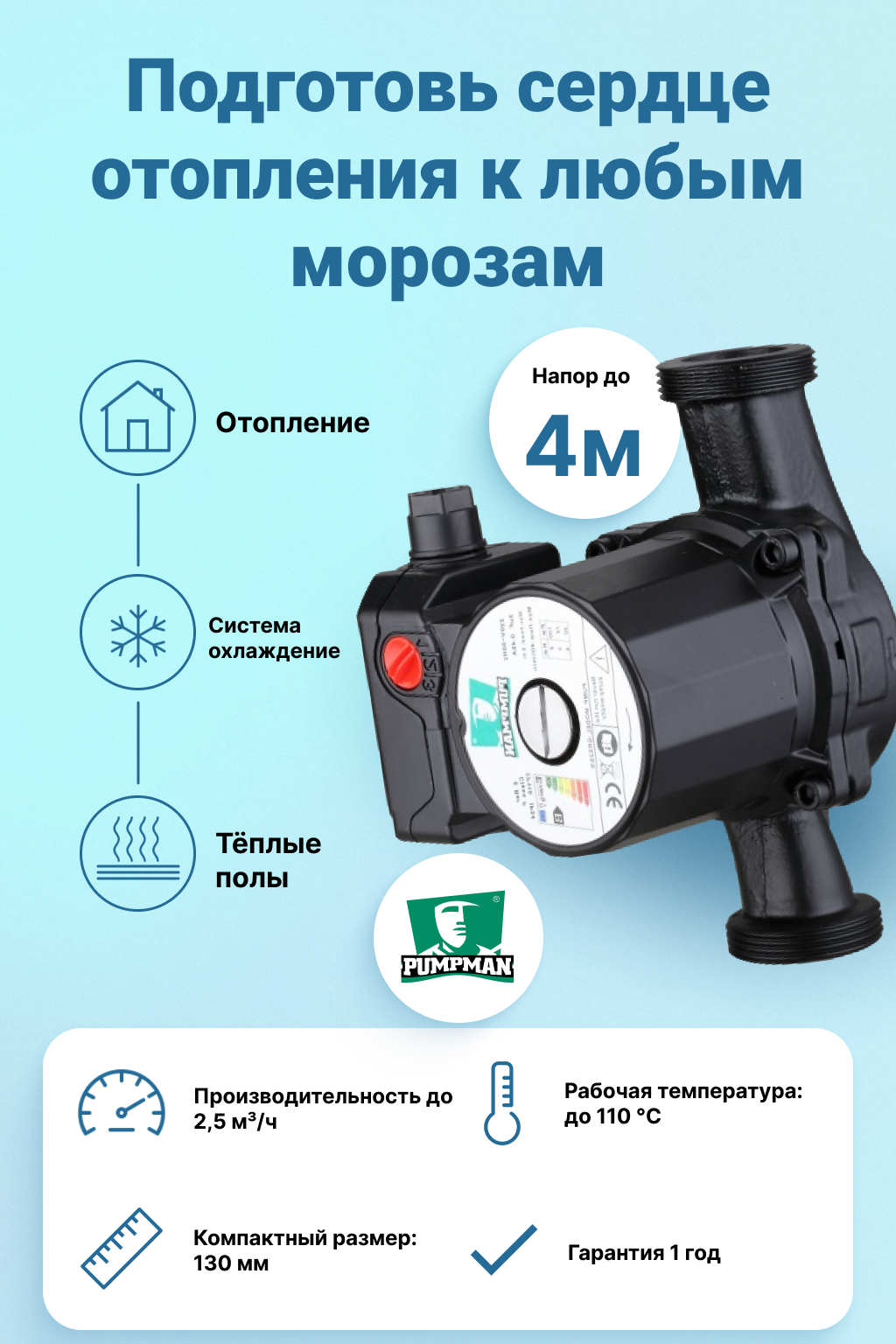 Насос циркуляционный Pumpman TRS25/4 85Вт, 3м³/ч, IP54, черный