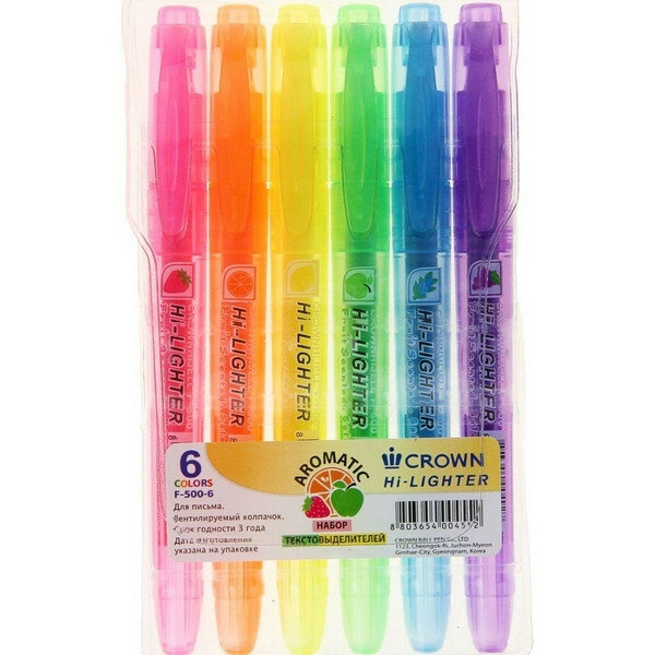 Набор текстовыделителей Crown F-500-6, флюорисцентный, набор 6 цветов, ароматизированные (Crown F-500-6)