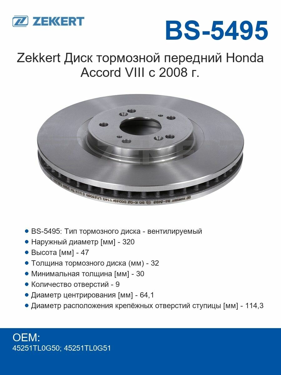 Zekkert Диск тормозной передний Honda Accord VIII с 2008 г.