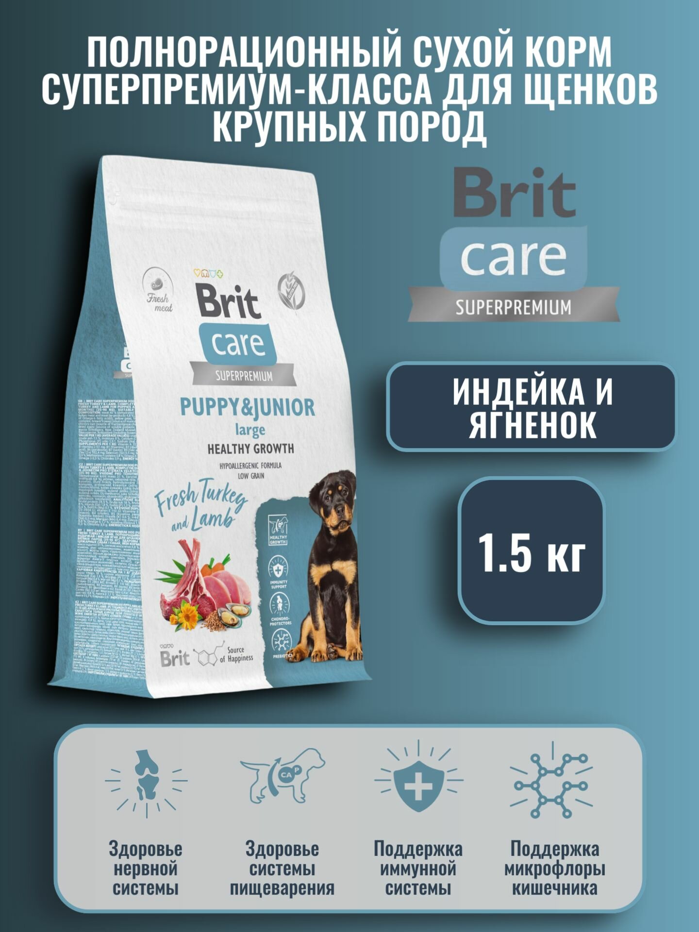 Brit Care Dog Puppy & Junior Large Healthy Growth / Сухой корм с индейкой и ягнёнком для щенков крупных пород, 1.5 кг