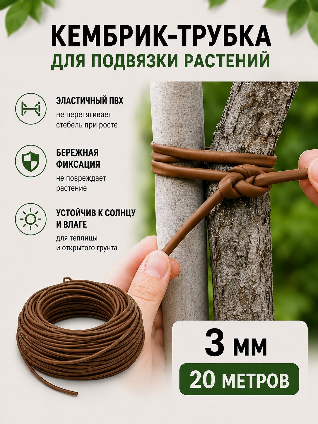 Кембрик-подвязка для растений, ПВХ, эластичная, морозостойкая, 3мм. 20метров