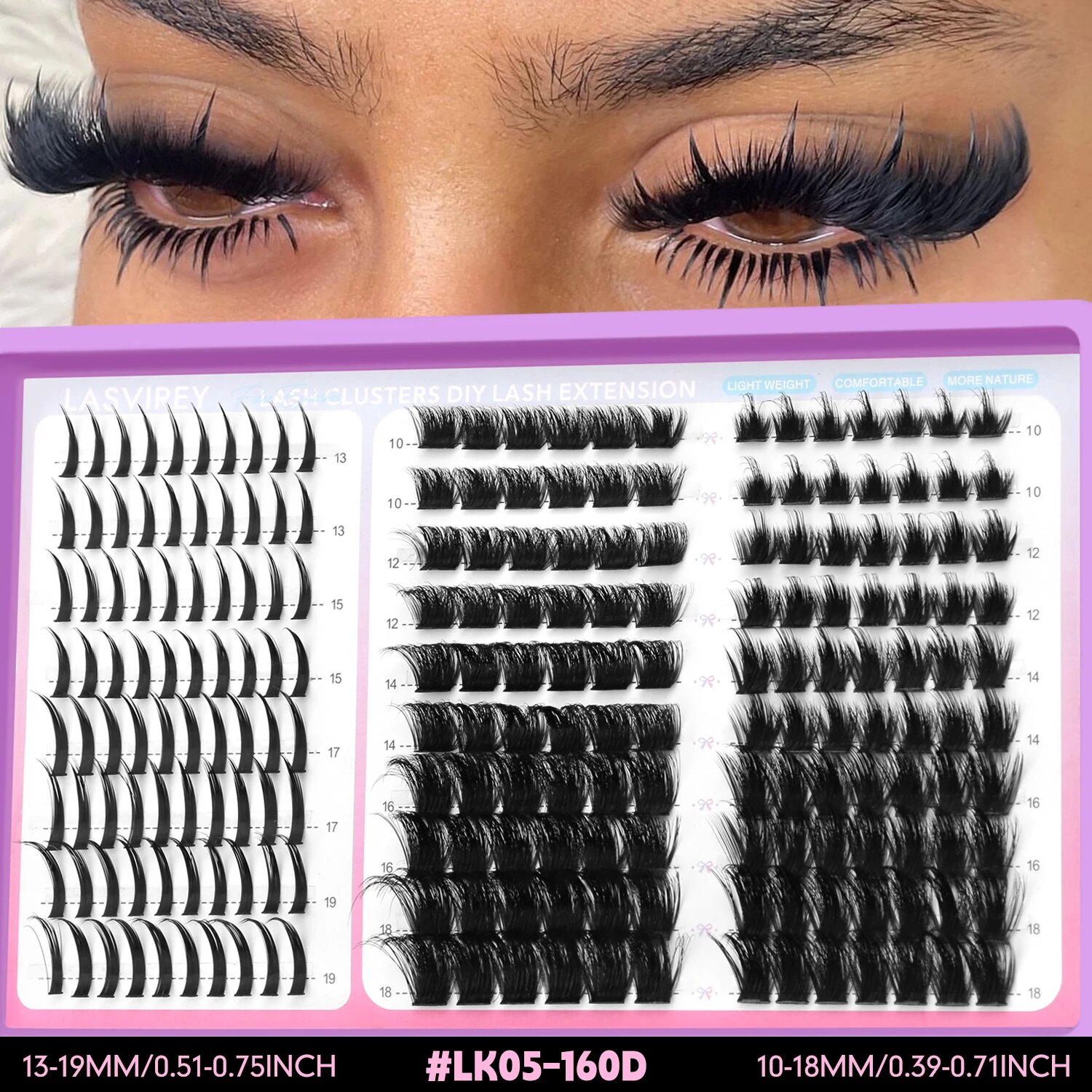 LASVIREY Кластерные ресницы черные 1 см-1.5 см Черный, Mixed Lash-LK05