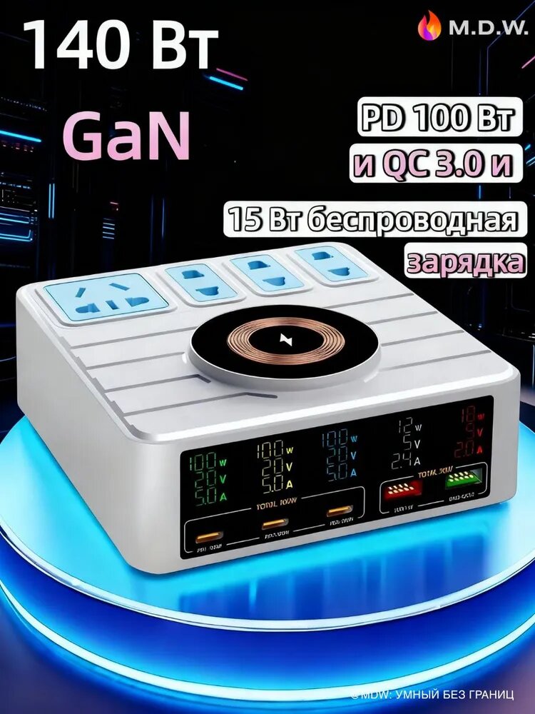 140 Вт GaN Hогопортовая зарядная станция с цифровым дисплеем, PD 100 Вт и QC3.0 и беспроводной зарядкой/WLX-H13