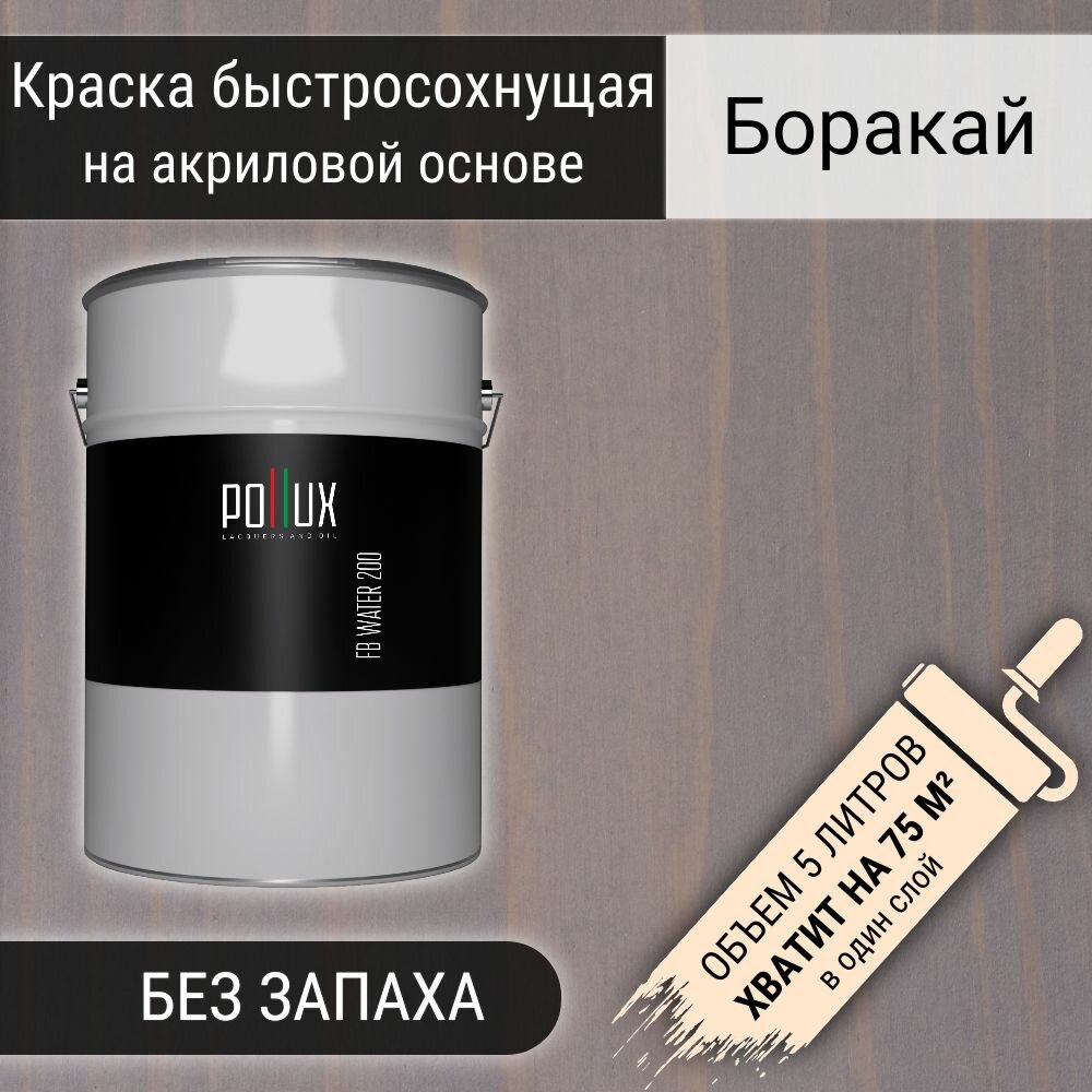 Краска для дерева акриловая водоотталлкивающая быстросохнущая моющаяся интерьерная Pollux FB Water 200 "Боракай" для фасадов/ для наружных и внутренних работ, полуматовая, цвет бежево-серый, объем 5 л
