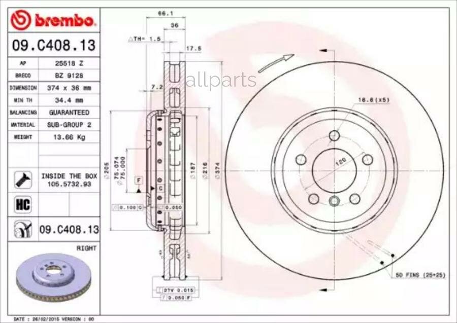 BREMBO 09. C408.13 Диск торм. пер. вент. R [374x36] 5 отв.