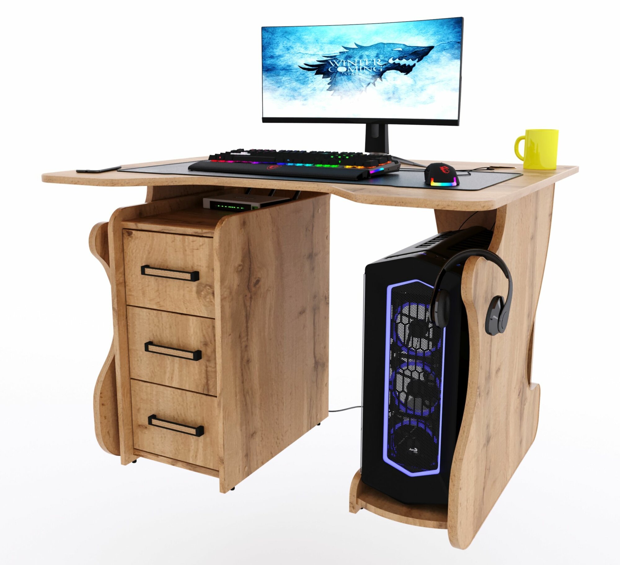 Игровой компьютерный стол "Даги" с тумбой, 100x80x75 см, дуб вотан