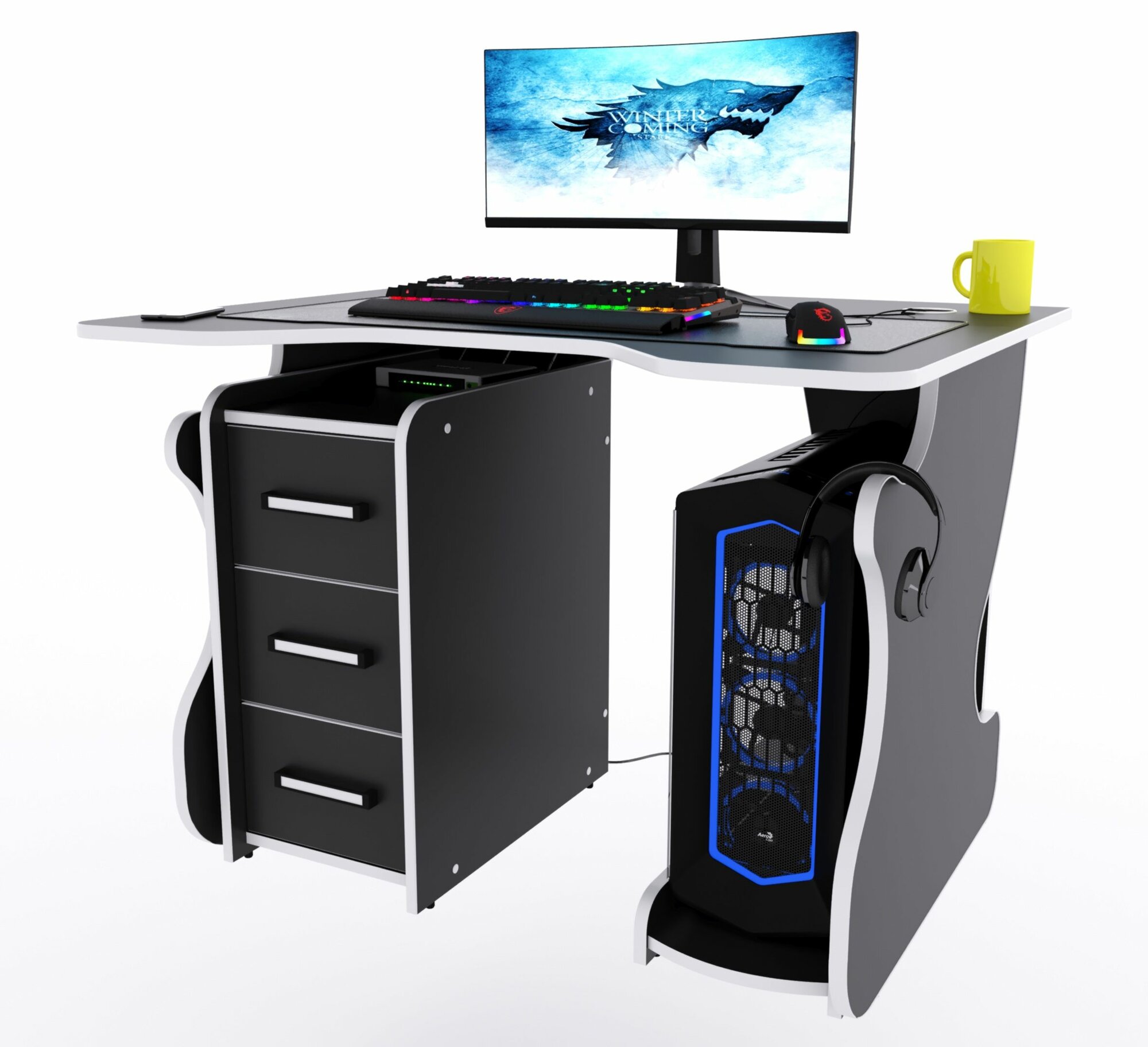 Игровой компьютерный стол "Даги" с тумбой, 100x80x75 см, чёрный с белой кромкой