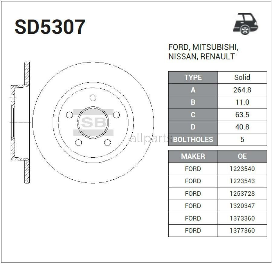 SANGSIN BRAKE 'SD5307 Диск тормозной зад FOCUS-2/C-MAX
