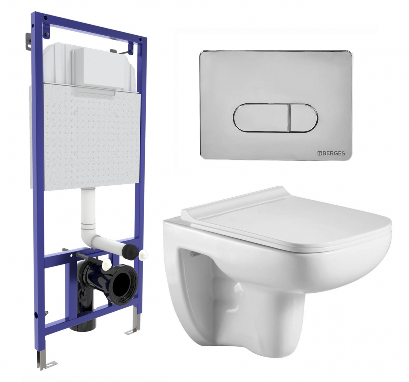 Комплект 3 в 1 инсталляция Berges Wasserhaus Novum 040233 + Подвесной унитаз WeltWasser Kehlbach 004 GL-WT + кнопка хром