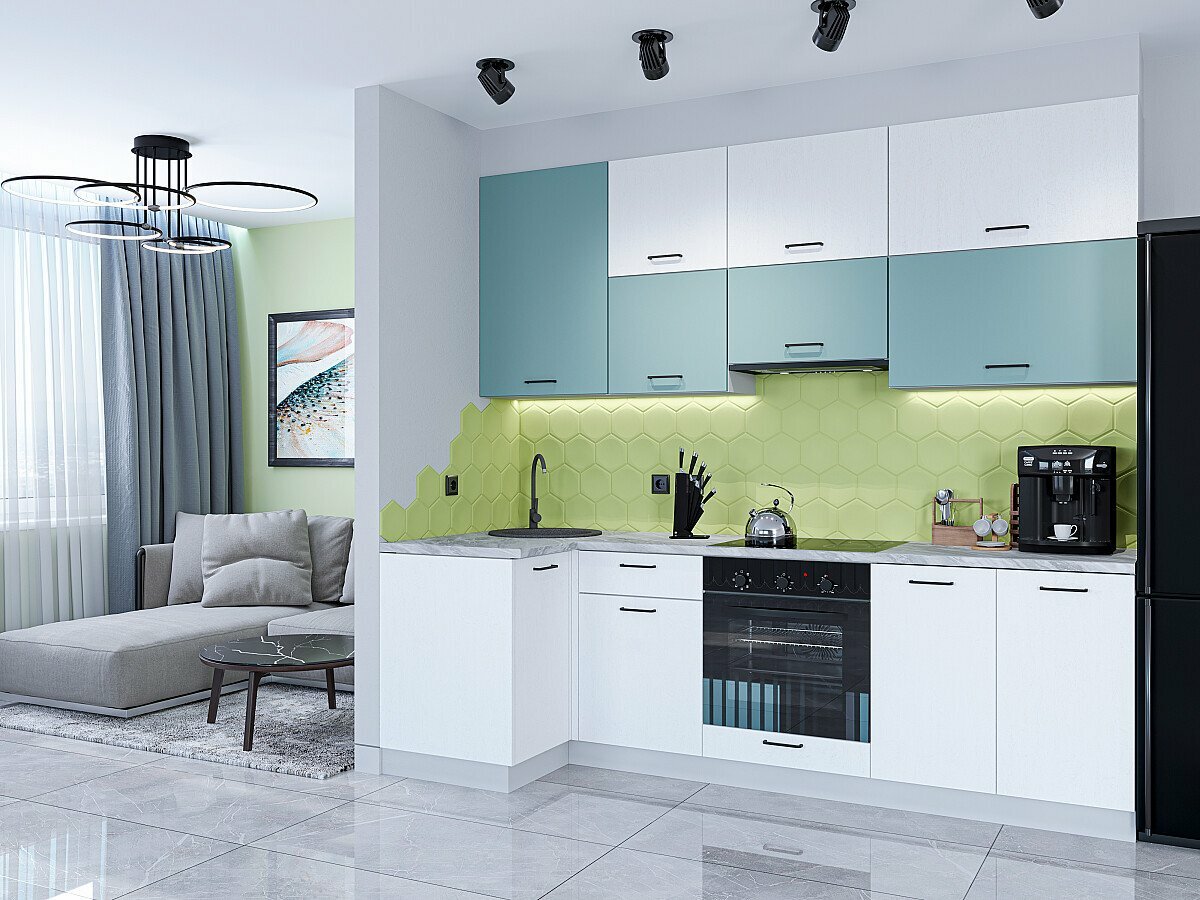 Кухня Флэт-04, цвет фасада Grey-green In 2S/White In 2S, цвет каркаса Белый, 2340*1000/2500*600 мм