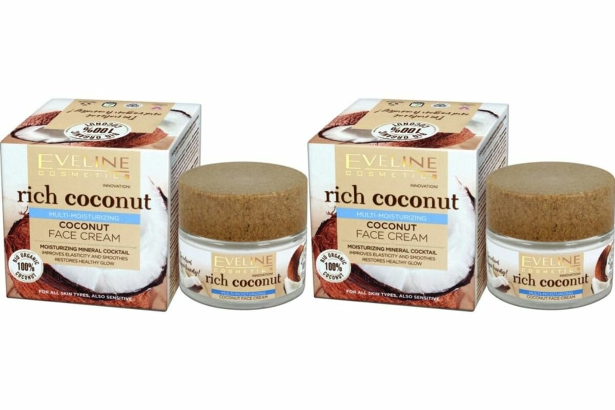 Eveline Cosmetics Интенсивно увлажняющий кокосовый крем для лица для всех типов кожи RICH COCONUT, 50 мл, 2 шт