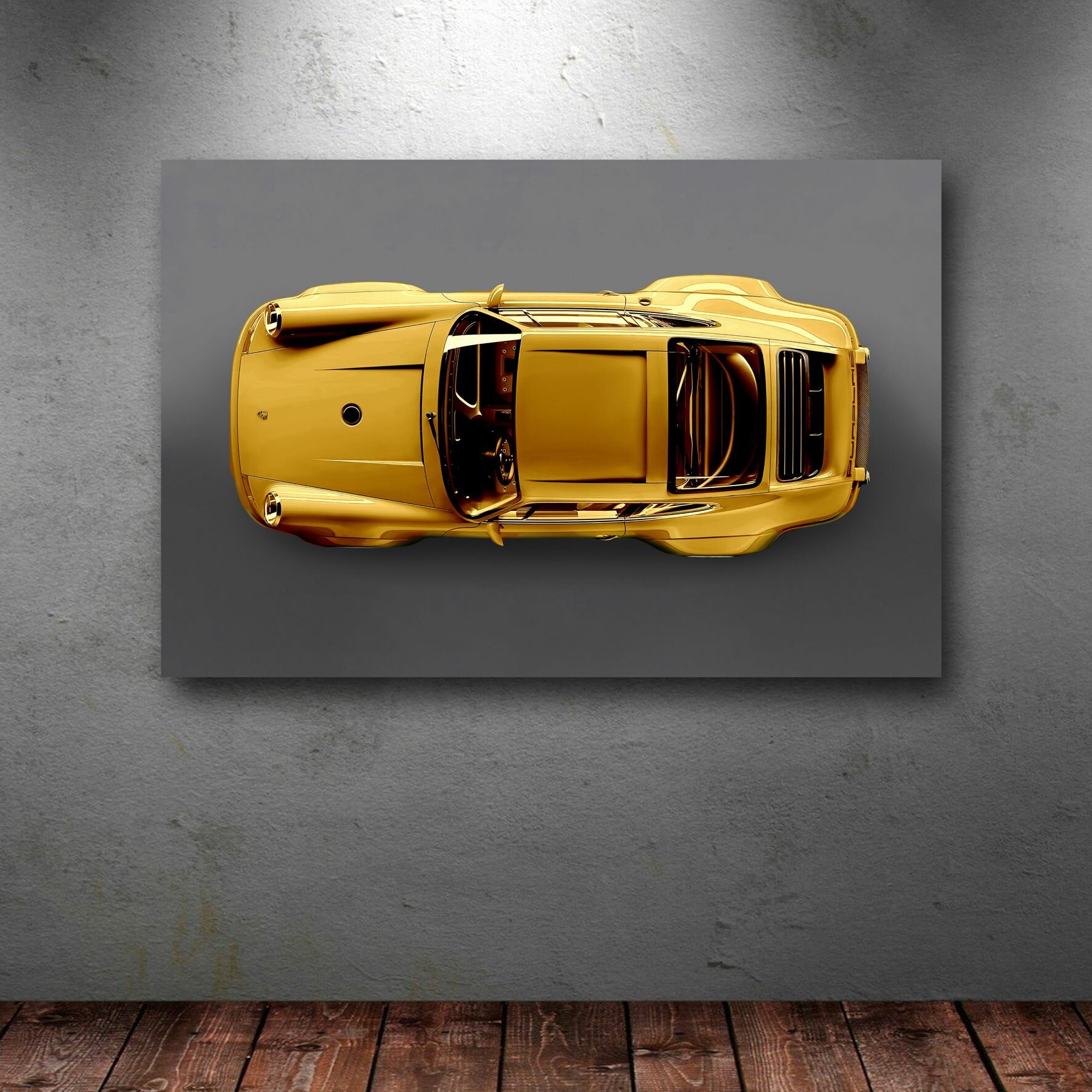 Картина интерьерная на холсте 30х40 см. Золотой Porsche Подрамник из натурального дерева