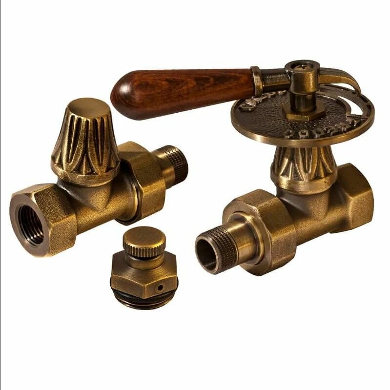 Комплект прямых вентилей с деревянной ручкой для чугунных радиаторов (v 675L 1/2 + v 674 1/2 + VZD) RETROstyle