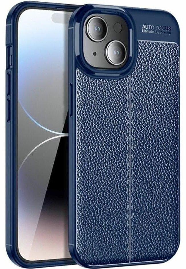 Чехол на iPhone 15 Plus силиконовый под кожу синий противоударный