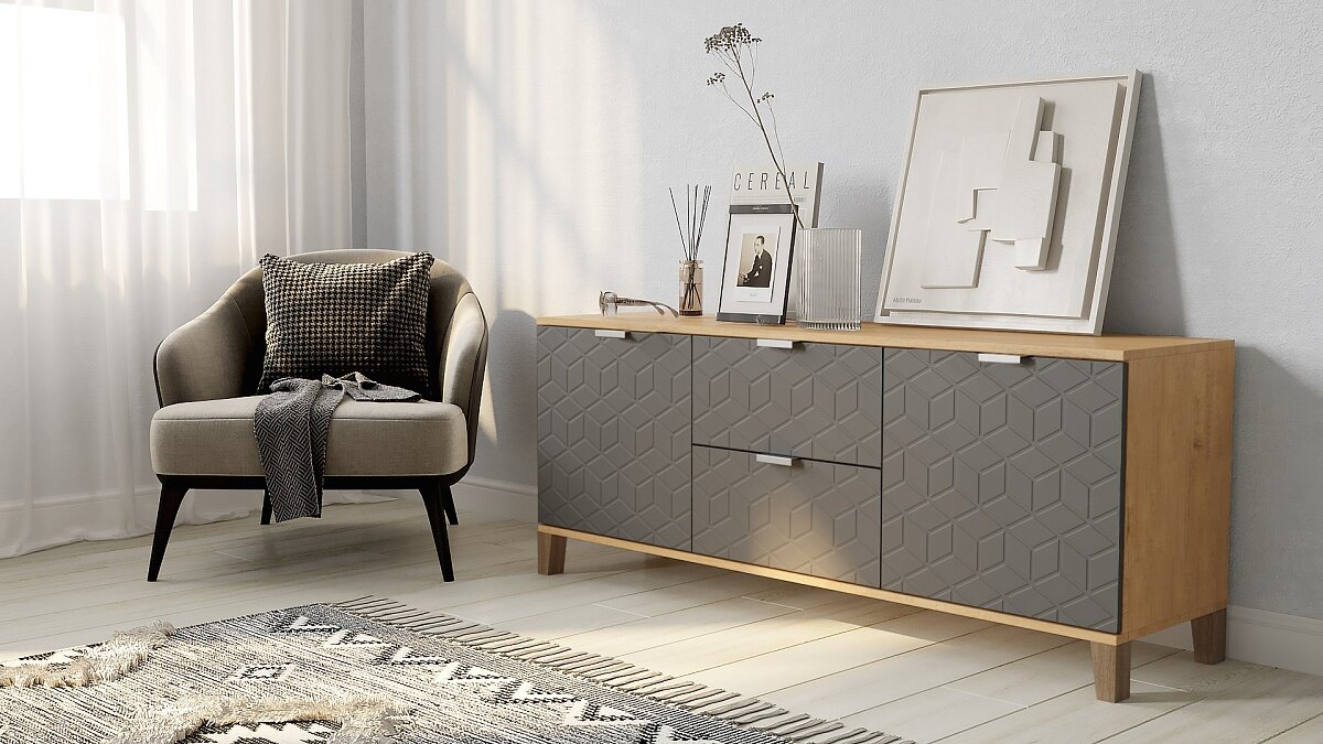 Комод МебельЛэнд24 Марвин Йорк - 1 Графит 150x40x60 серый двухдверный с 2 ящиками