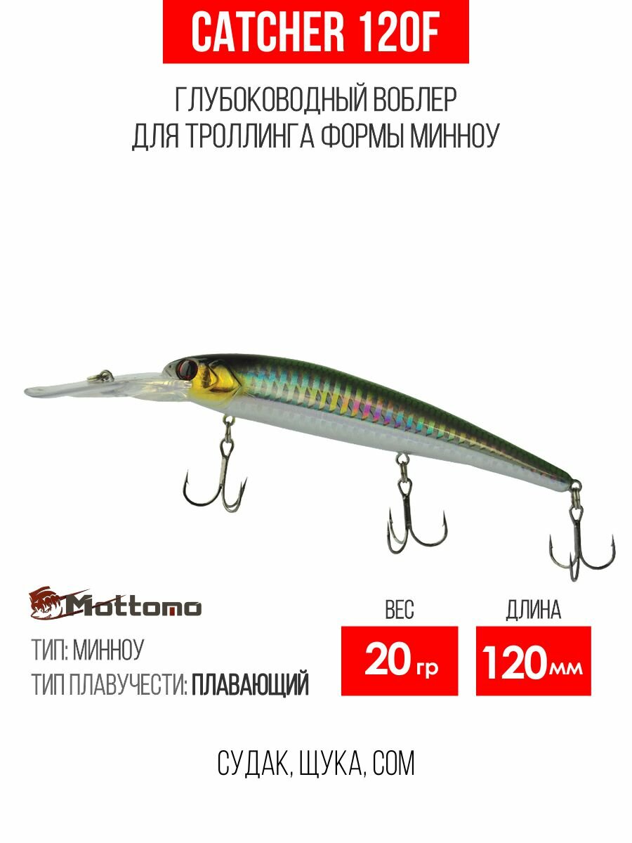 Воблер для рыбалки Mottomo Catcher 120F 20g, минноу плавающий для спиннинга, троллинга. Приманка на щуку Green Silver