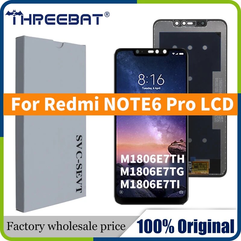 Оригинальный ЖК-дисплей 6,26 дюйма для Xiaomi Redmi Note 6 pro, ЖК-дисплей, Black With Frame