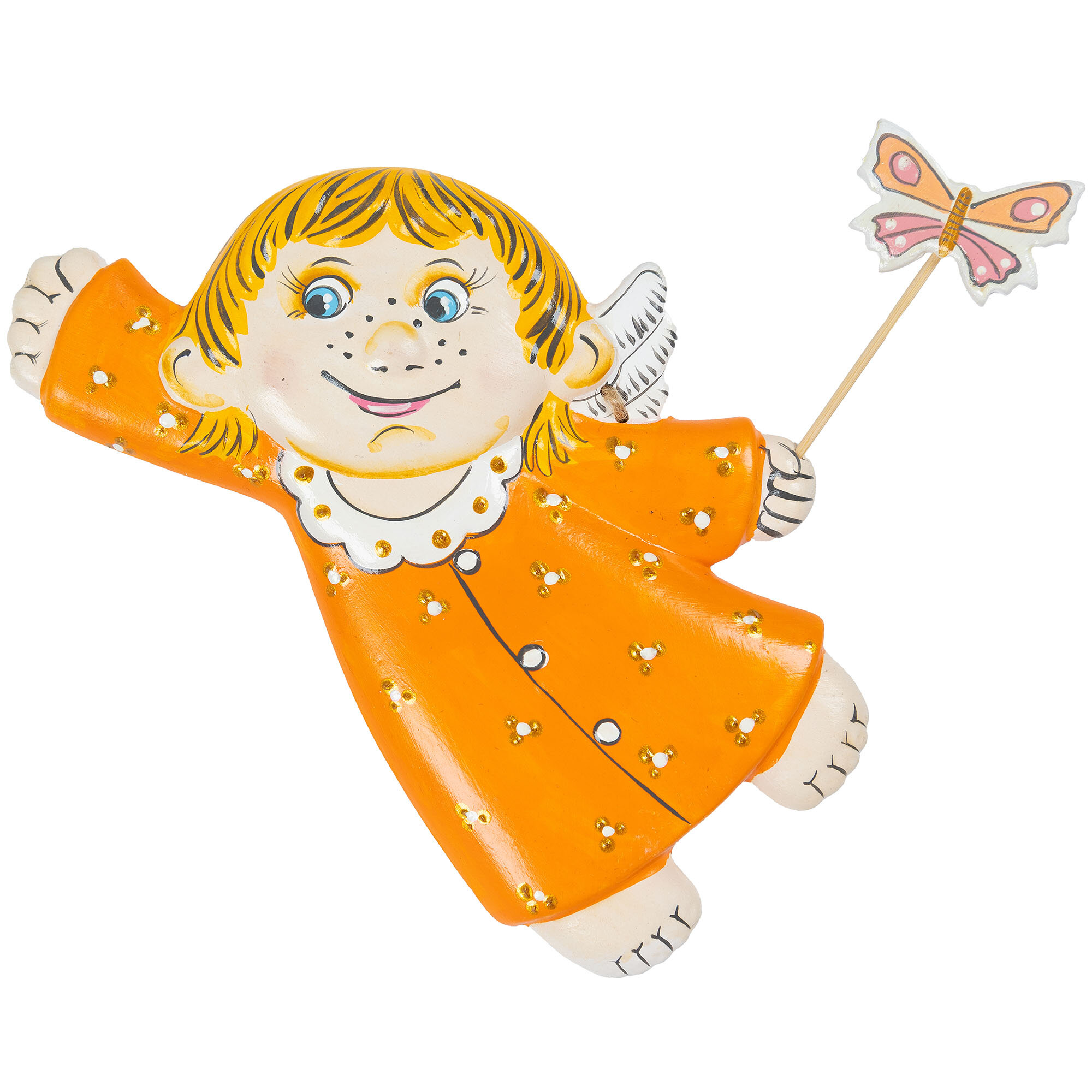 Панно декоративное Ангелочек летящий с бабочкой в оранжевой одежде керамическое авторской ручной работы