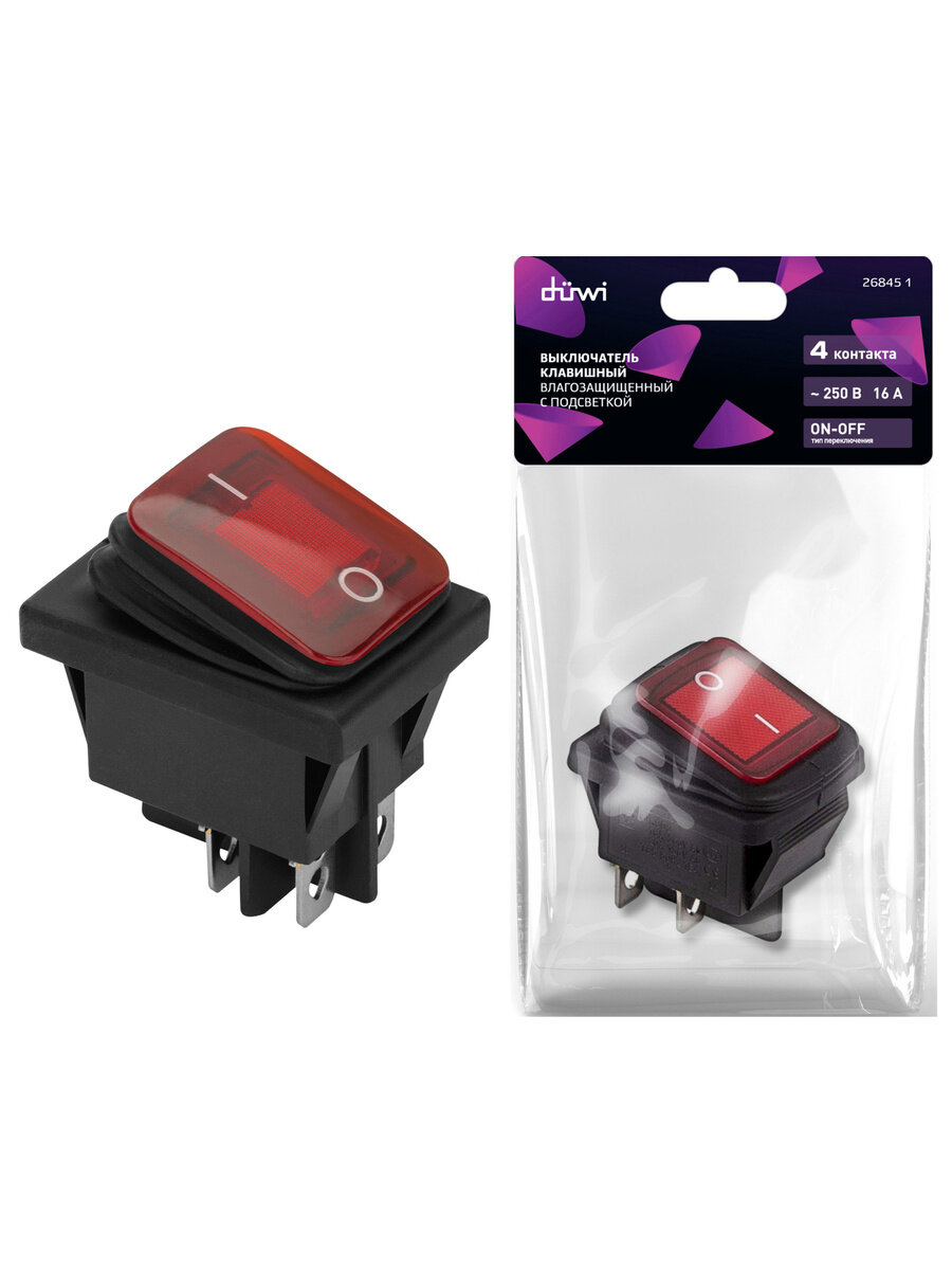 Duwi Выключ. клавиш. влагозащита с подсветкой 4 контакта, 250В, 16А, вкл-выкл тип RWB-507, 26845 1