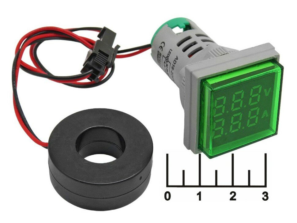 Вольтметр/амперметр 20-500VAC 0-100A AD16-22FVA цифровой зеленый