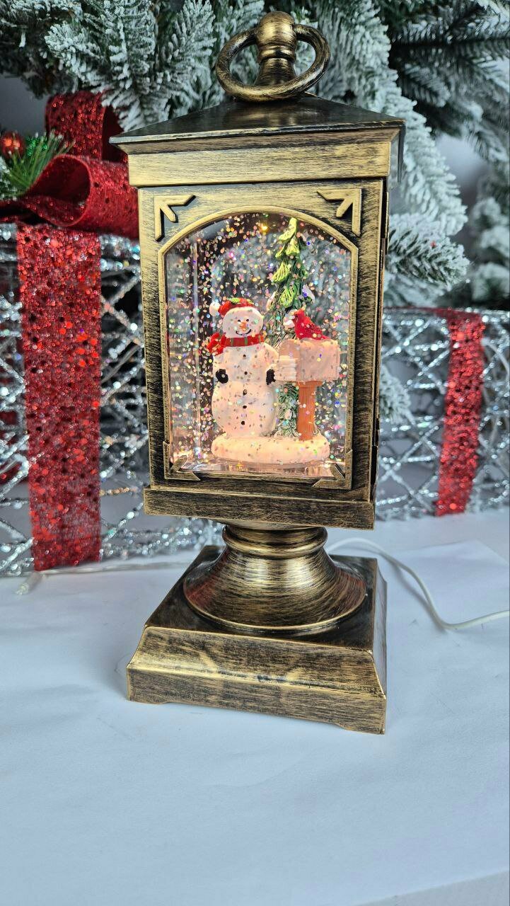 Новогодний фонарь-"Снеговик", музыкальный LED, 2 режима, USB, 3*АА, 27*9*9 см, цвет бронза