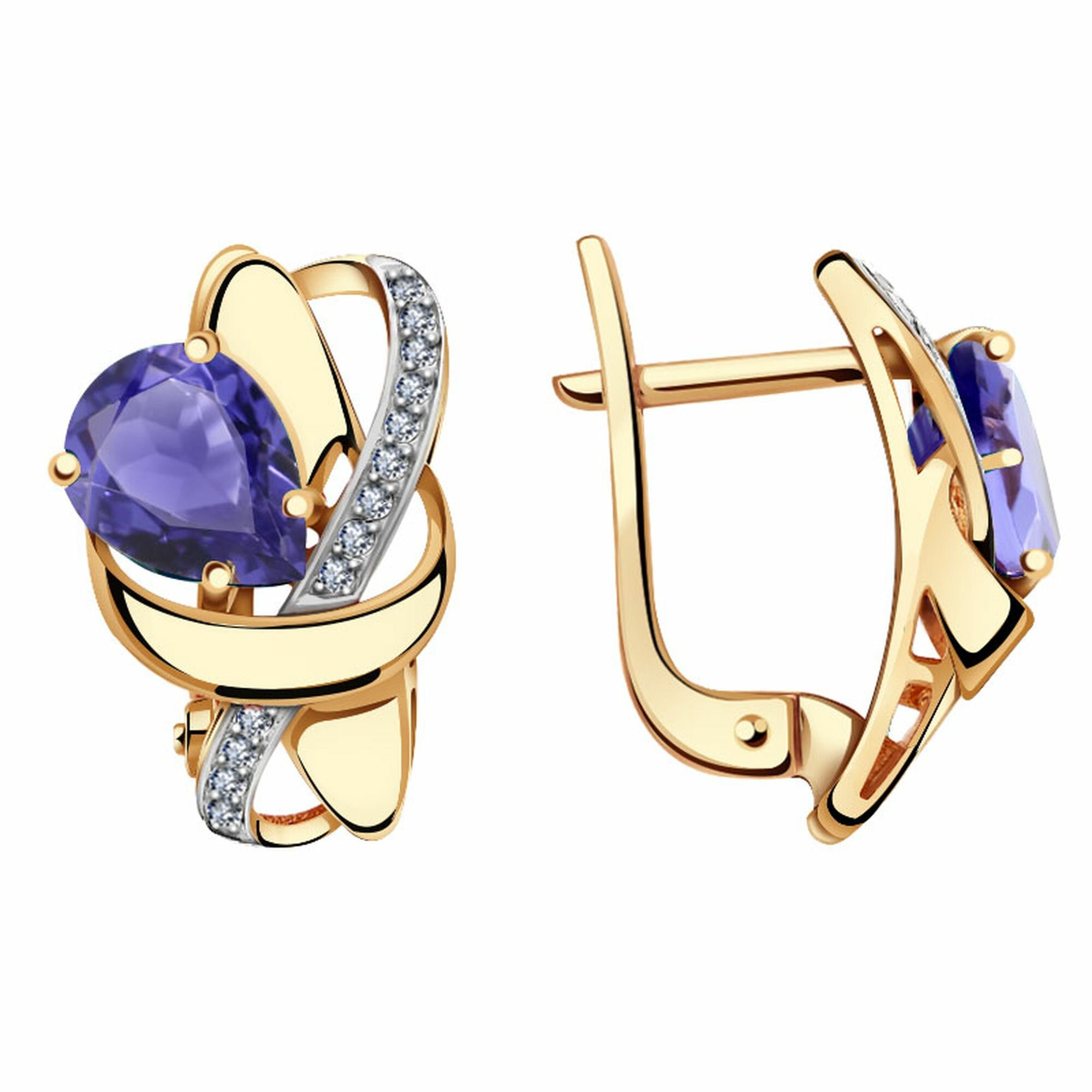 Серьги, красное золото, 585 проба, танзанит, фианит