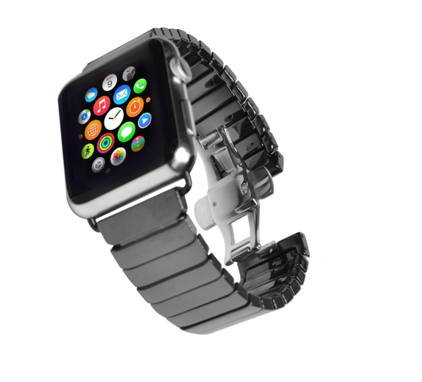 Сменный керамический ремешок MyPads для умных смарт-часов Apple Watch 1/ Apple Watch Series 2/ Apple Watch Series 3 42/ 44mm с металлическим замком-застежкой и дизайном в стиле «Керамика» MyPads (черный)