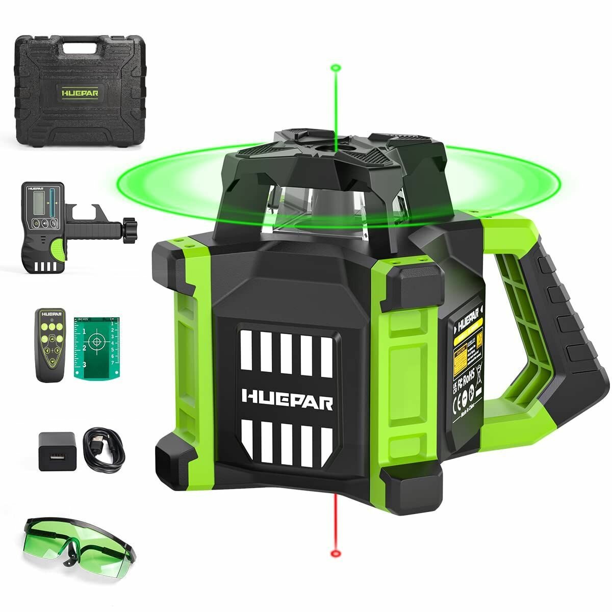 Лазерный уровень Huepar RL300HVG, зеленый луч, дальность 800м, IP65