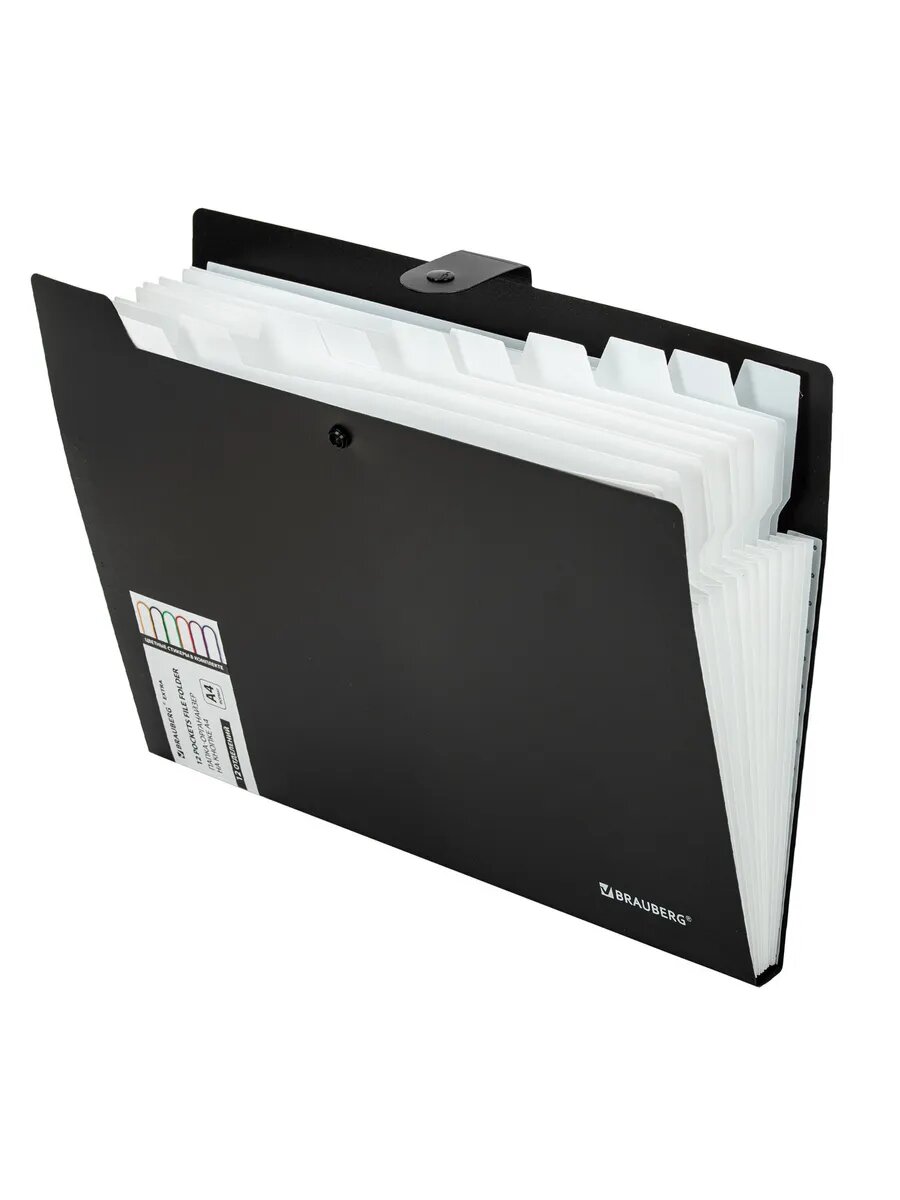 Папка-органайзер на кнопке 12 отделений, А4, черная с белым