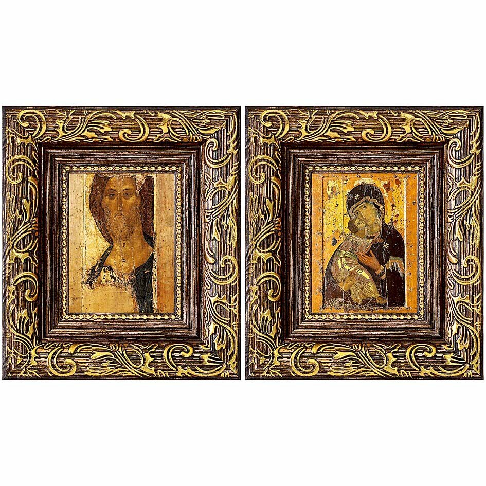 Венчальная пара "Спас Вседержитель (Андрей Рублев, 1410 г) - Владимирская икона Божией Матери (XII в)", две иконы в широких темных пластиковых рамках 10,5*12 см