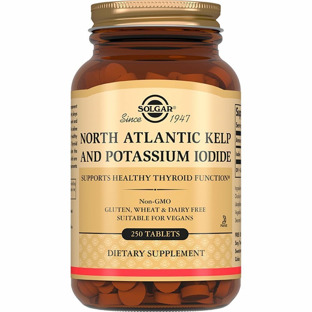 Солгар Йод из бурых водорослей и йодида калия, таблетки, 385 мг, 250 шт.