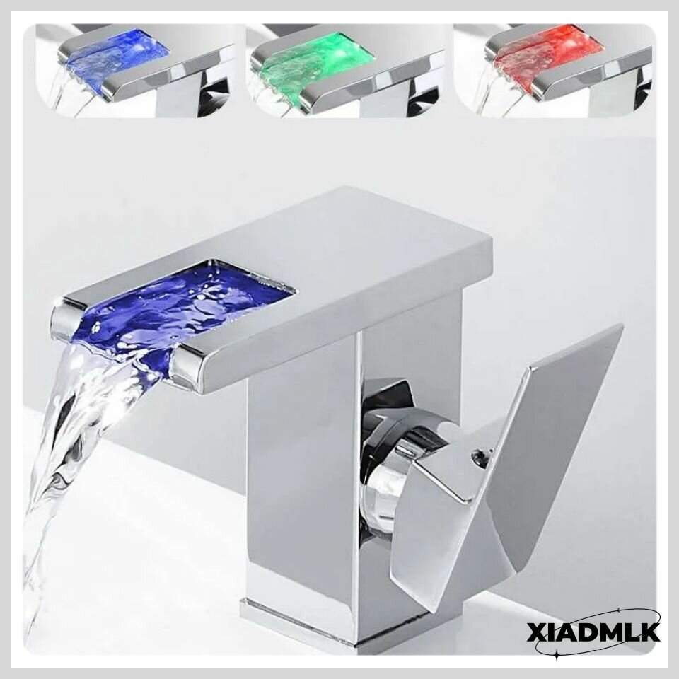 Смеситель для раковины в ванной со светодиодной подсветкой, 3 цвета, меняющие цвет излива водопада, одна ручка, одно отверстие, смеситель для холодной и горячей воды