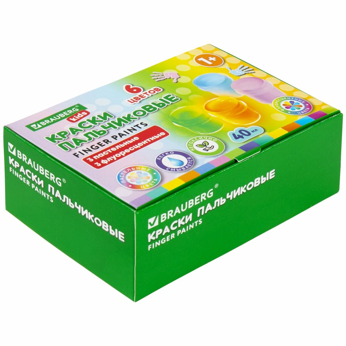 Краски пальчиковые 6 цветов Brauberg Kids, 3 пастельных + 3 флуоресцентных цвета, по 40мл (192400), 20 уп.