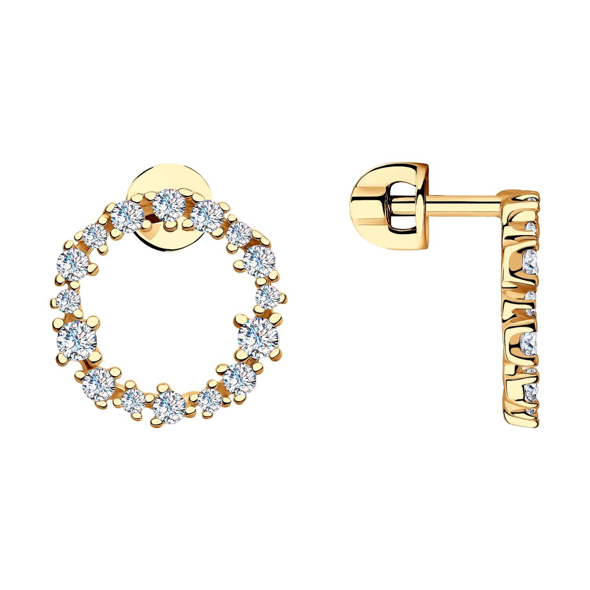 Серьги пусеты, серебро, 925 проба, золочение, фианит