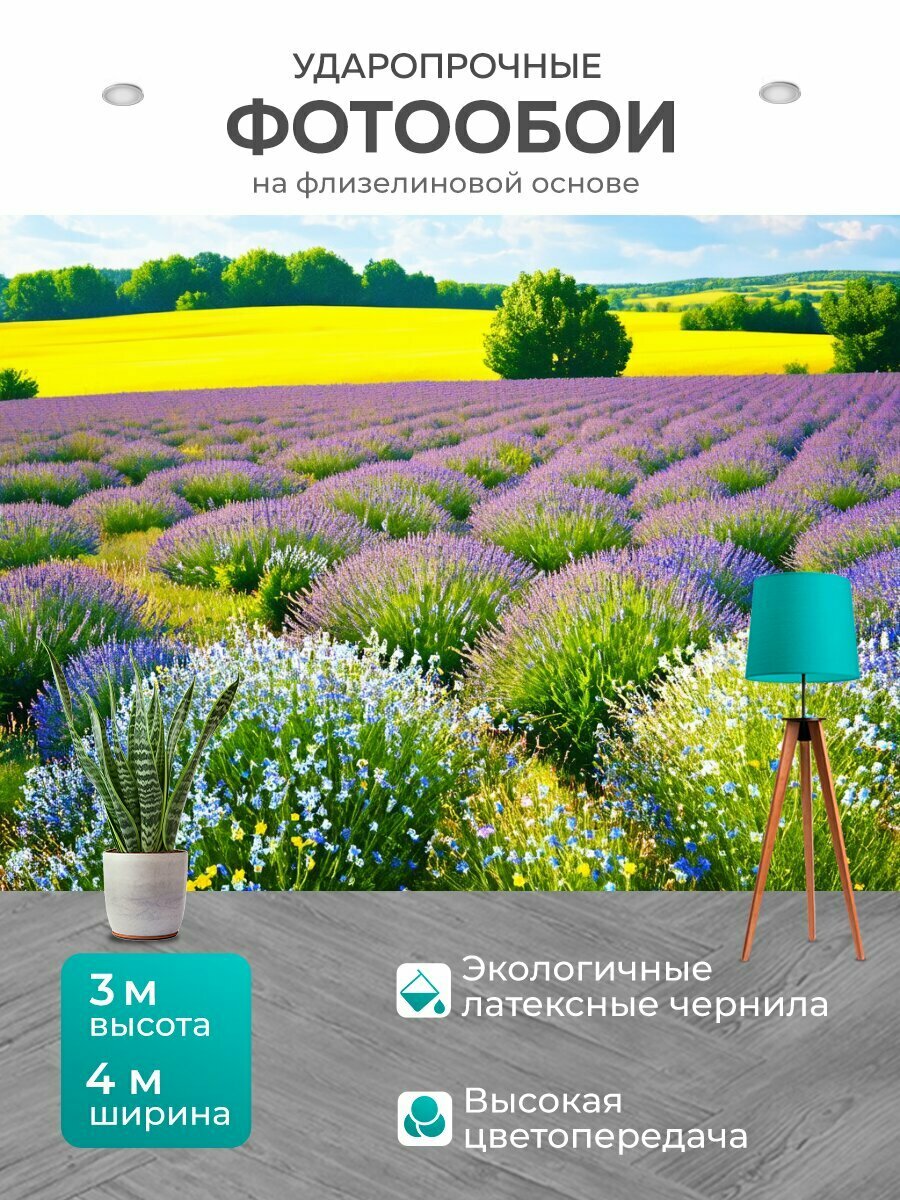 Фотообои моющиеся ударопрочные "Прованс: живописные луга, покрытые дикими цветами, видимые с высоты птичьего полета, где звучит мелодия ветра и" 400x300 см. флизелиновые на стену