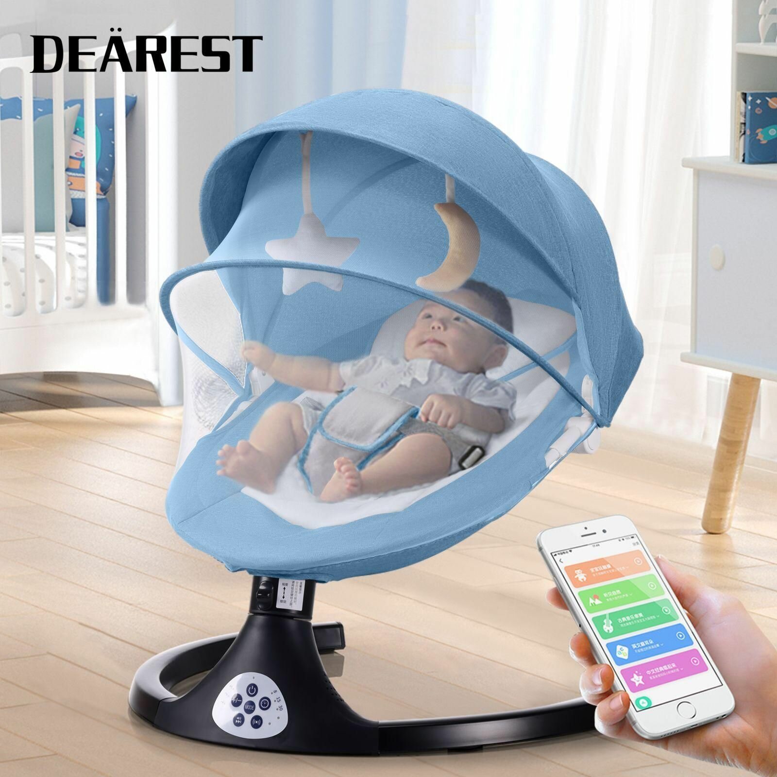 Электрокачели для новорожденных DEAREST детский шезлонг, баунсер от 0+, с функцией "умное укачивание", подвесными игрушками и дополнительной подушкой под голову -enj