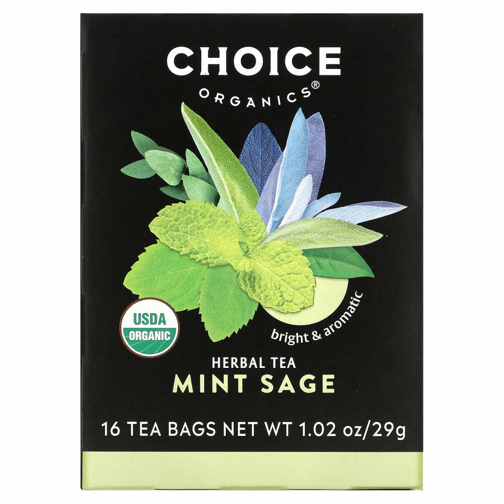 Choice Organics, травяной чай, мята и шалфей, без кофеина, 16 чайных пакетиков, 29 г (1,02 унции)