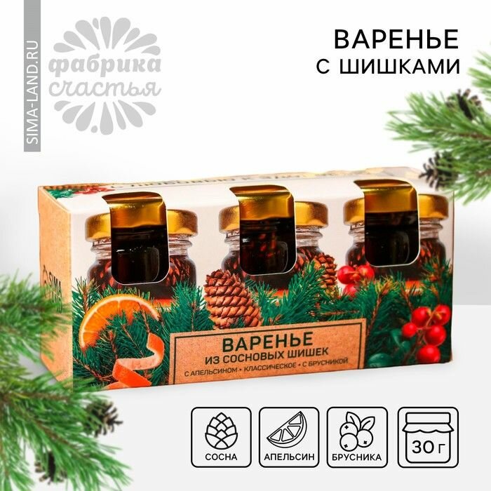 Набор варенья с сосновыми шишками Новый год: С любовью : апельсин, классический, брусника, 90 г (3 шт. х 30 г).