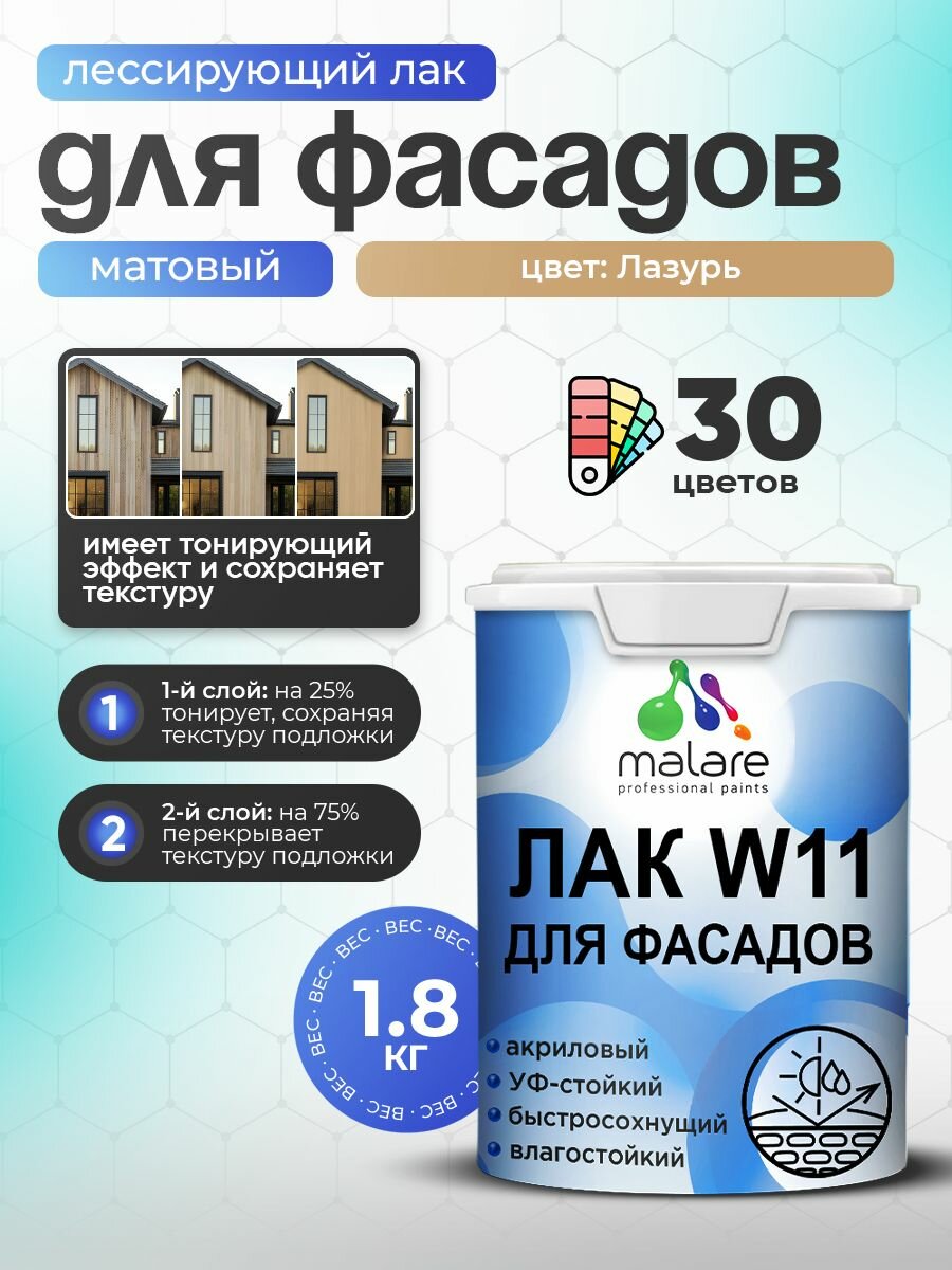 Лак колерованный тонирующий фасадный Malare W11 для защиты фасадов зданий, для дерева, камня и кирпича, быстросохнущий влагостойкий экологичный, матовый, лазурь, 1.8 кг.