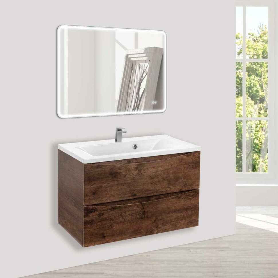 База под раковину Миа (Mia) 800 подвесная, 2 выкатных ящика микролифт, Темное дерево (R.Wood)
