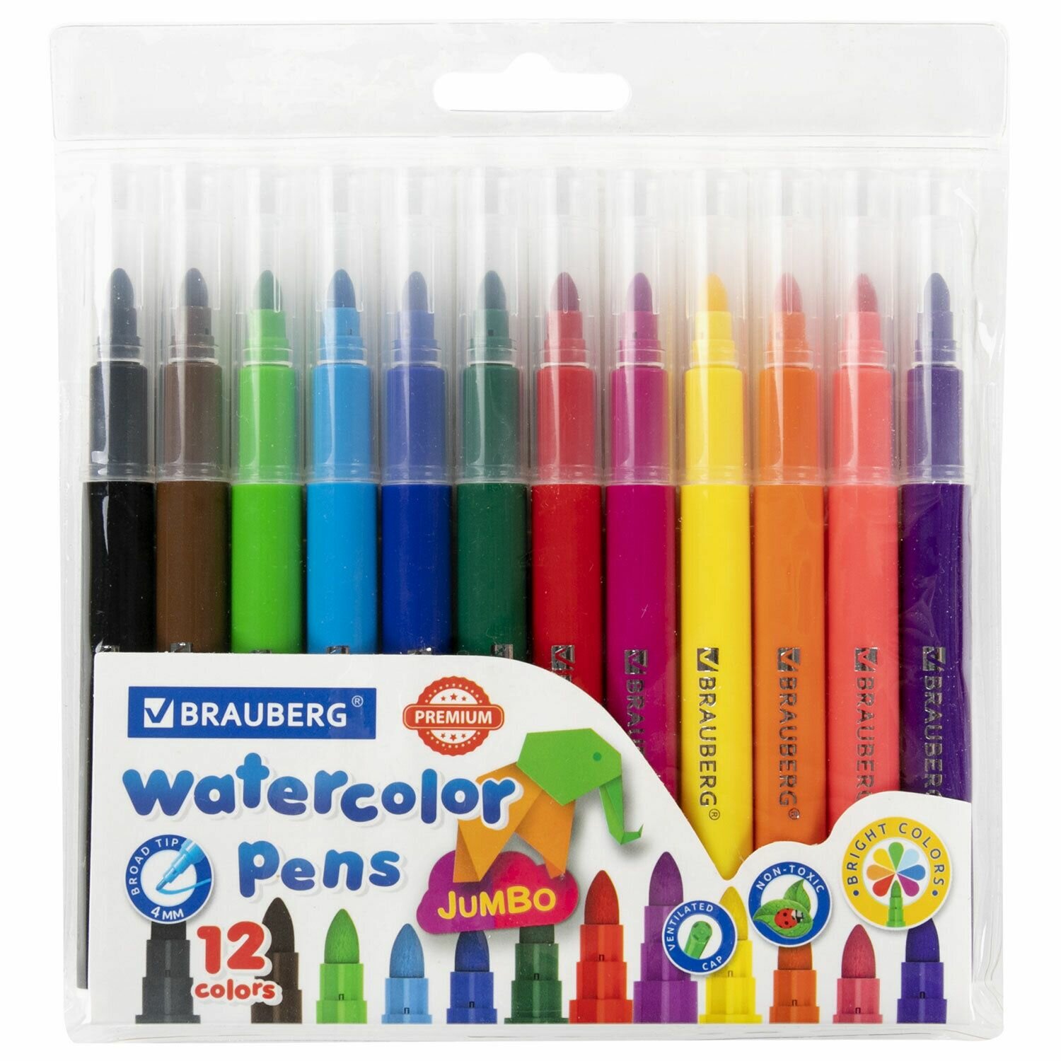 Фломастеры Brauberg утолщенные 12 цветов, вентилируемый колпачок