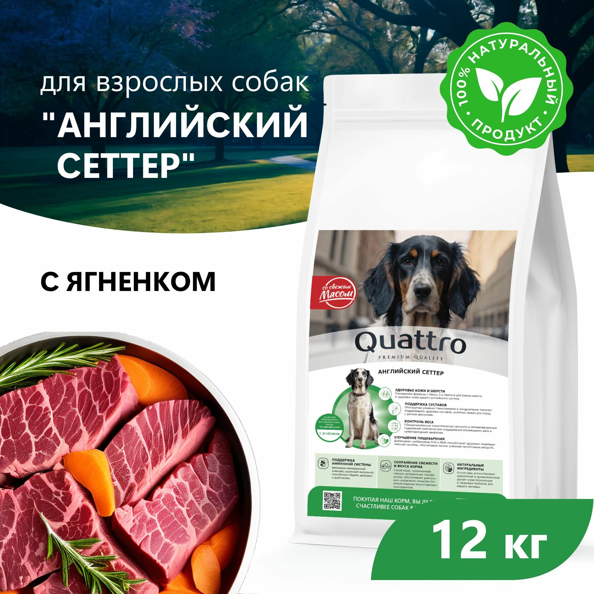 Quattro корм для взрослых собак породы Английский сеттер, с ягненком 12 кг