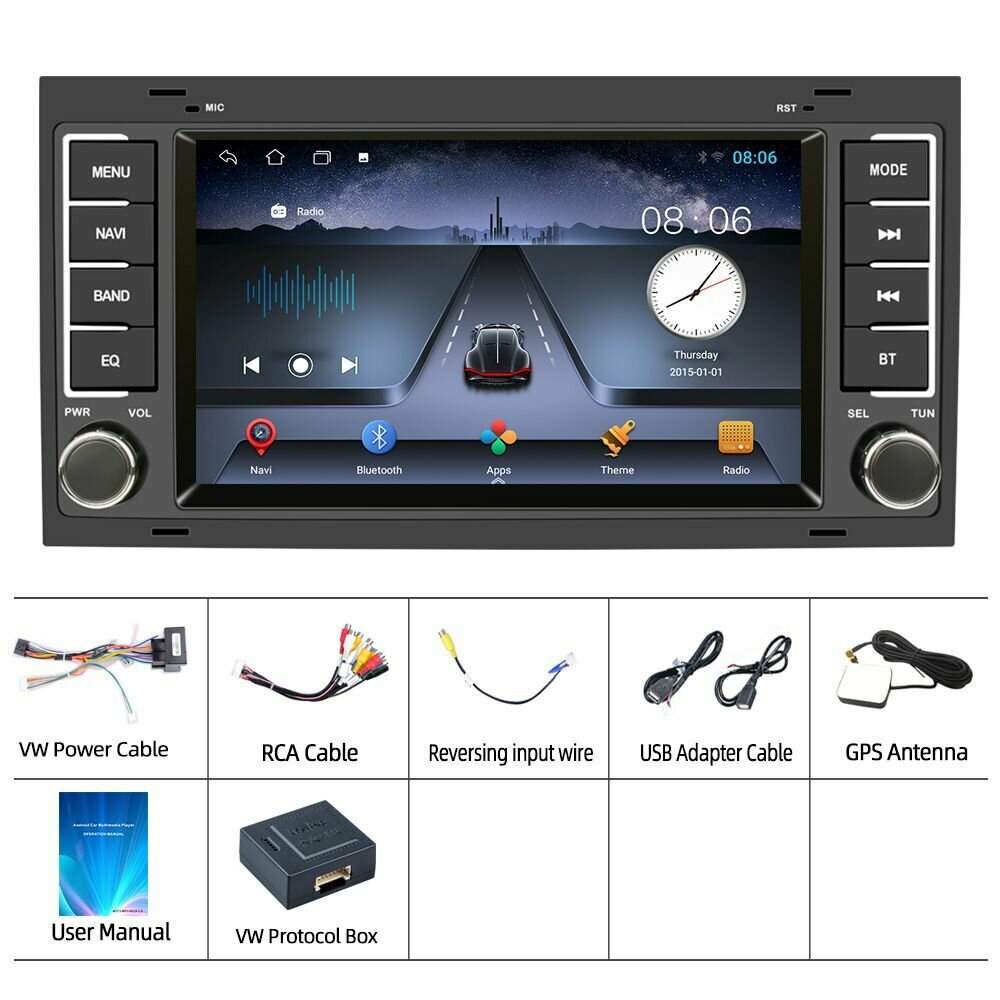 Магнитола андроиде 7 дюймов 2 дин на Android Андроид с блютуз Wi-Fi на Фольксваген / для Volkswagen Touareg 2002-2010, Multivan T5 2003-2015