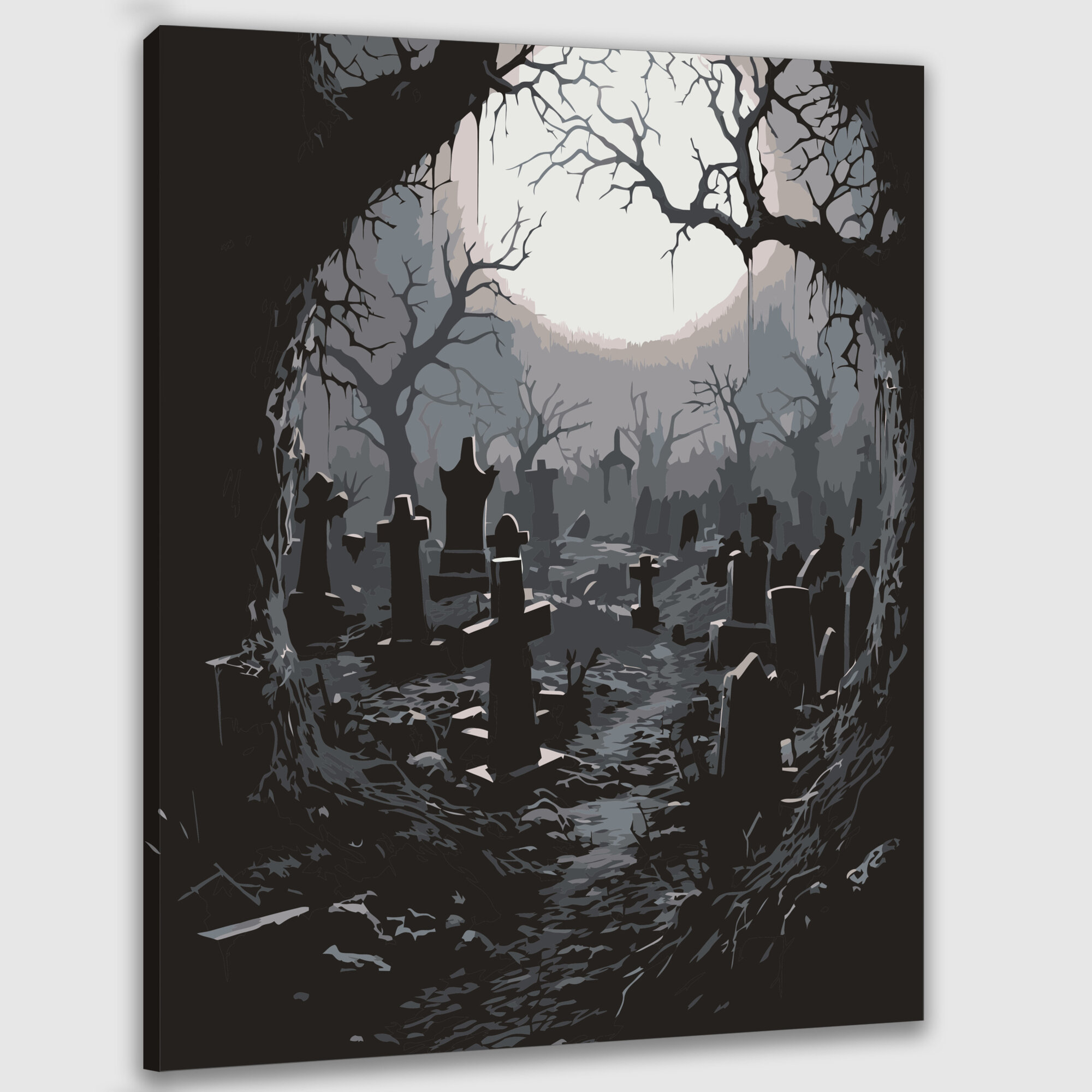 Картина по номерам 40x50 см, привидения, кладбище, надгробия, деревья, тени, лунный свет, дети, охотники, привидения